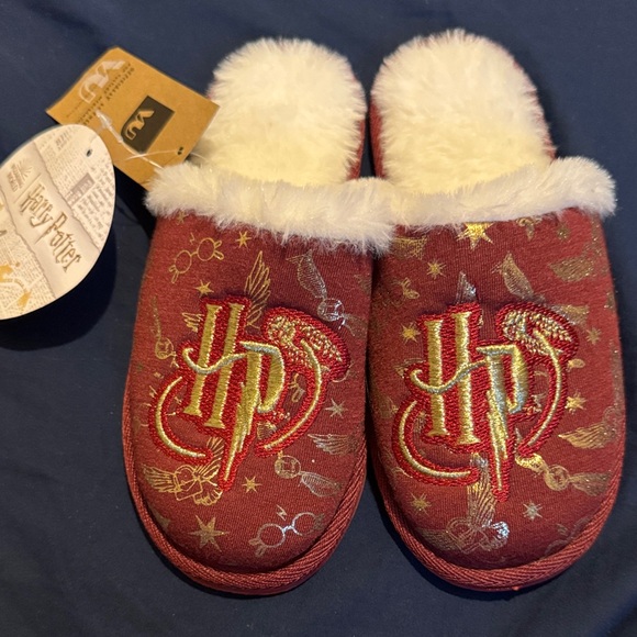Warner Bros. | Shoes | New Harry Potter Fluffy Maroon Slippers Gold ...
